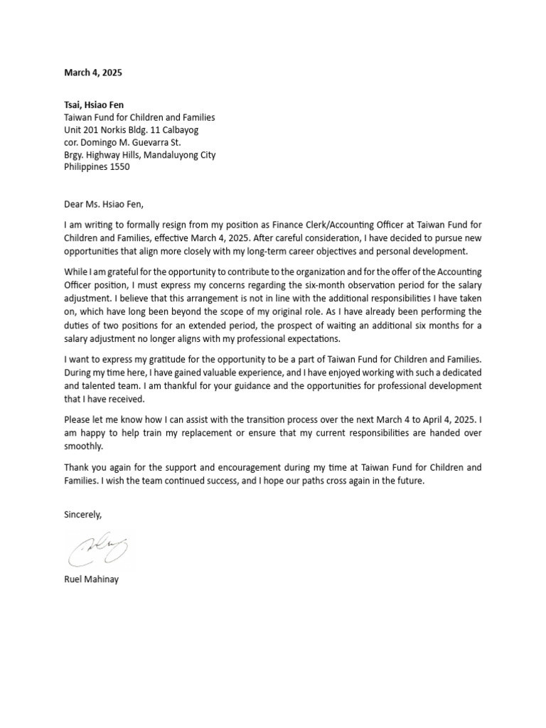 Resignation Letter - Ruel Mahinay | PDF