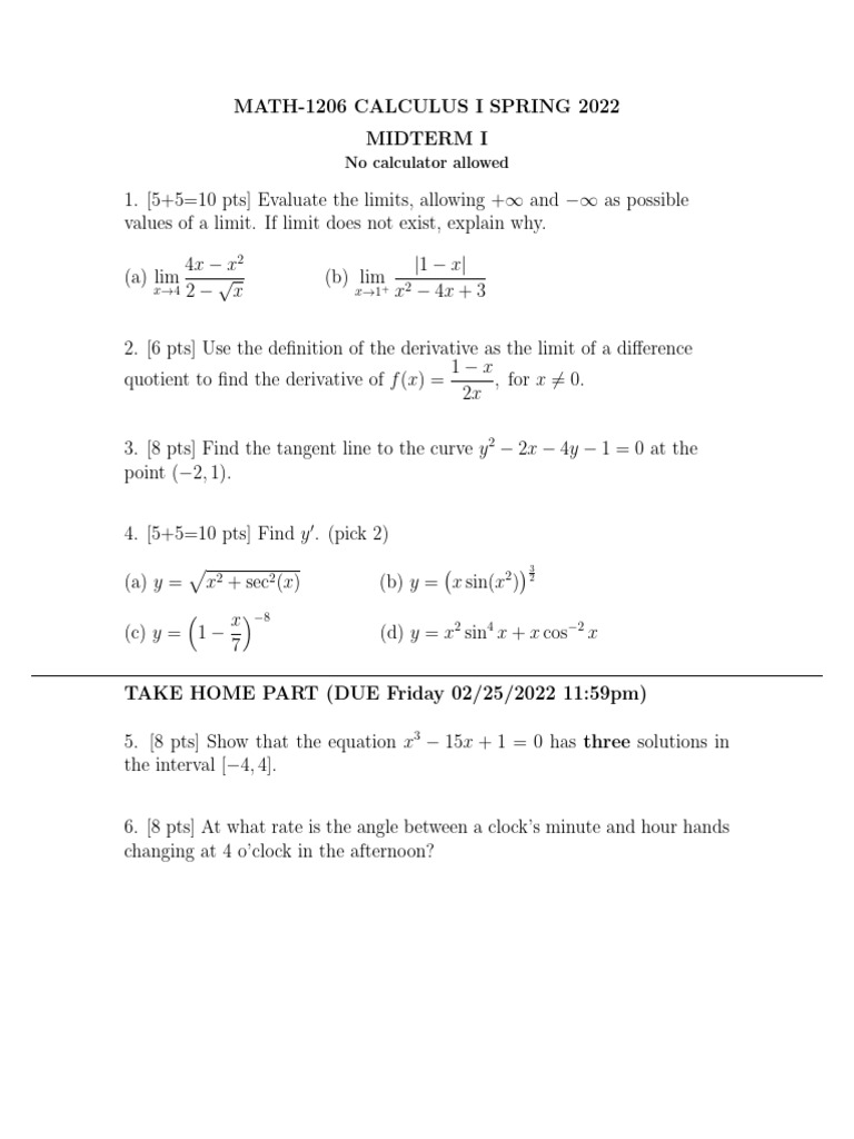 Calculus Midterm Practice | PDF