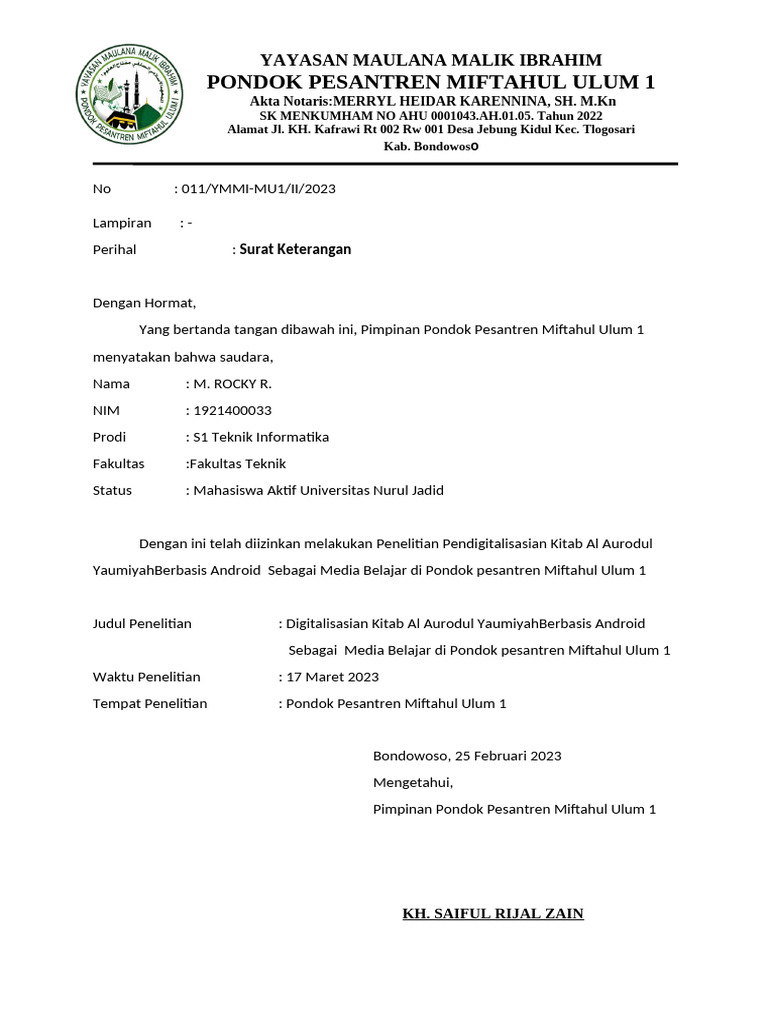 Surat Keterangan Persetujuan Penelitian | PDF