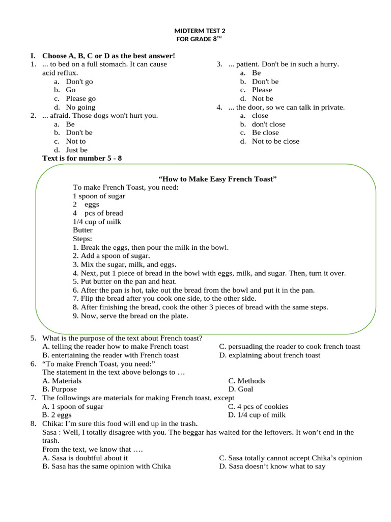 Grade 8 Midterm Test: English & French Toast | PDF