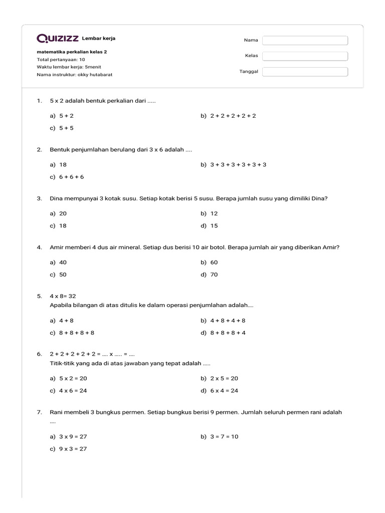 Matematika Perkalian Kelas 2 - Quizizz | PDF