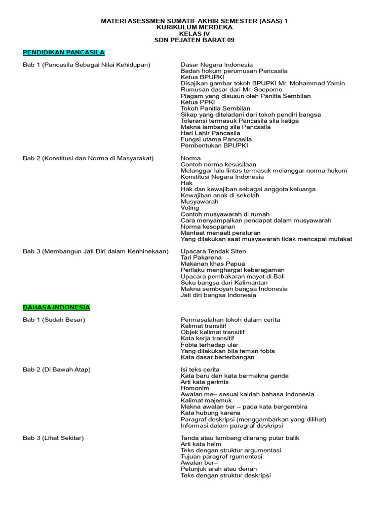 MATERI ASESSMEN SUMATIF AKHIR SEMESTER 1 KELAS IV | PDF