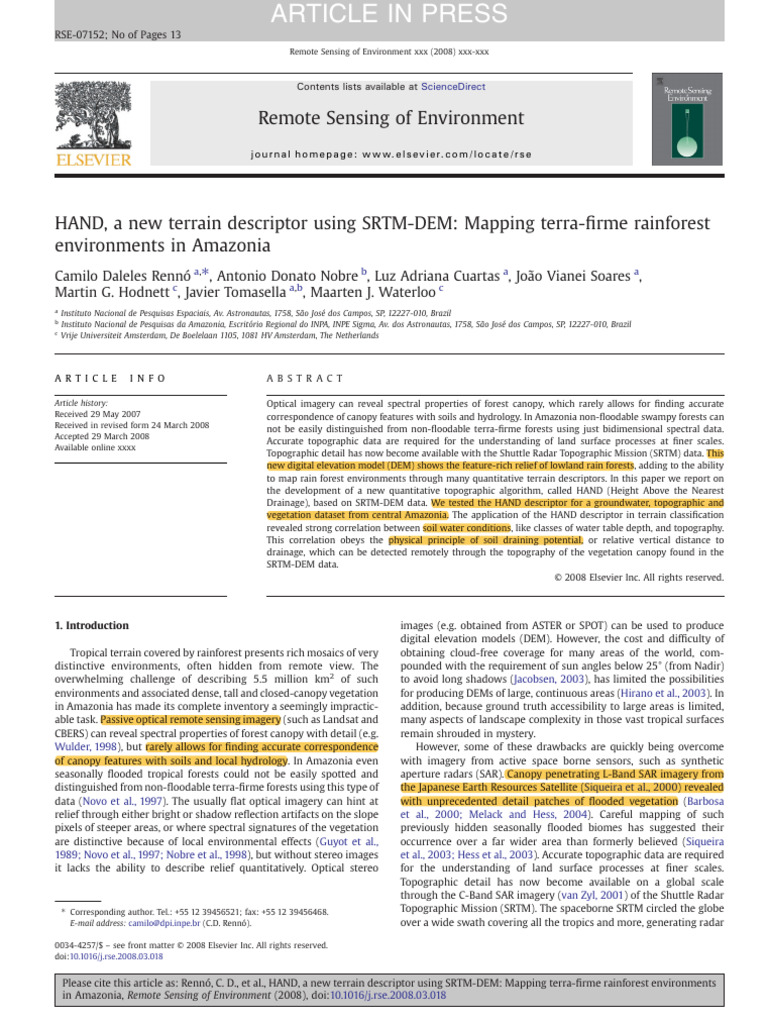 HAND a New Terrain Descriptor Using SRTM-DeM Mappi | PDF | Topography | Drainage Basin