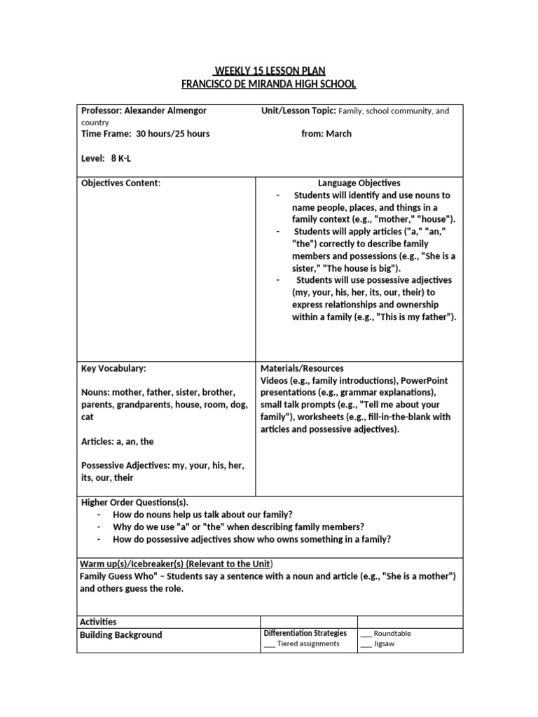 Family Language Lesson Plan | PDF | Educational Assessment | Noun