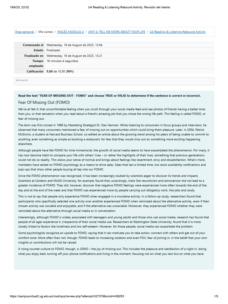 U4 Reading & Listening Rebound Activity_ Revisión del intento | PDF | Mental Health | Popular ...