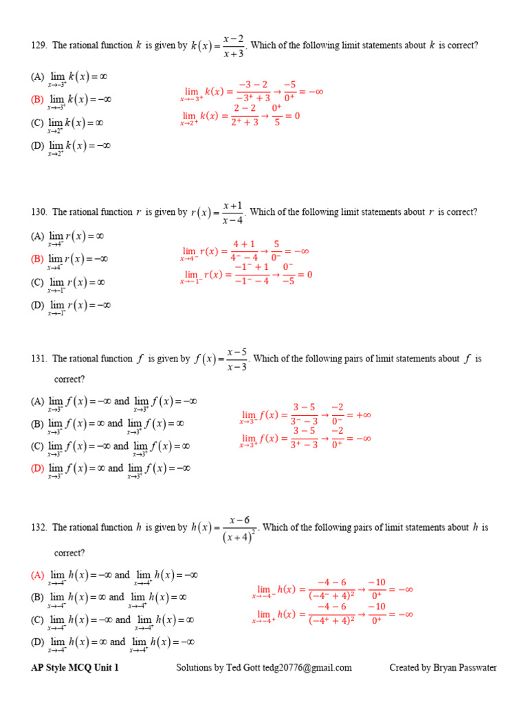 1 - Unit 1 Key 129 - 184 MCQ AP Precalculus Exam Review | PDF | Asymptote | Functions And Mappings
