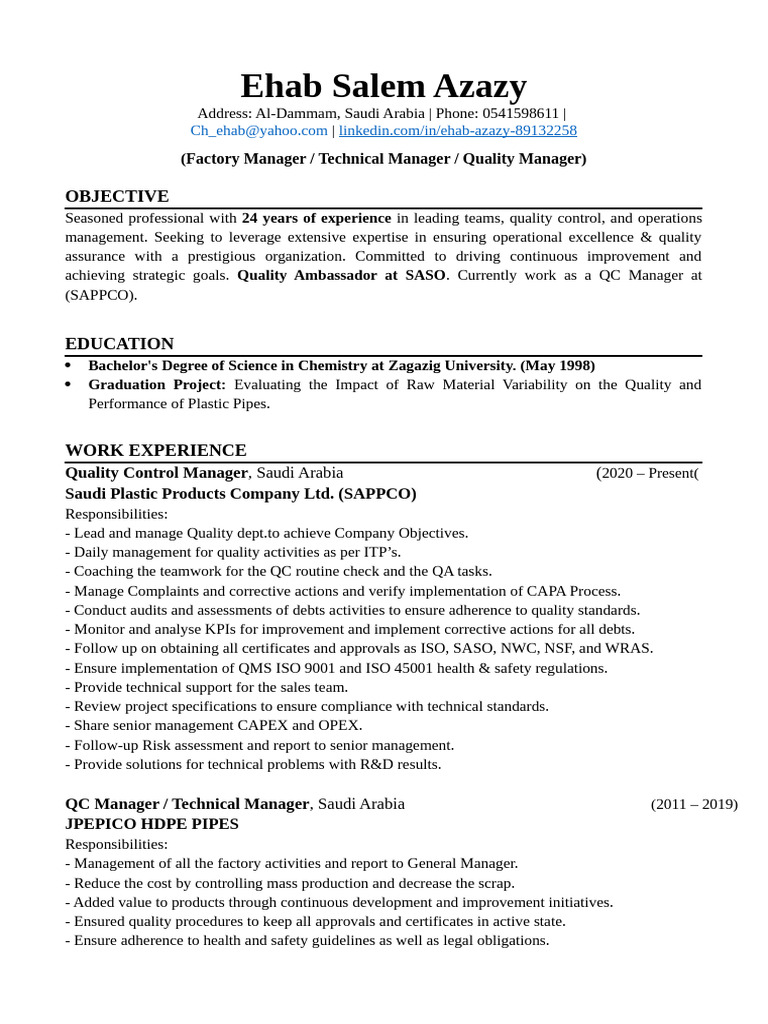 Mr. Ehab Azazy - QC Manager - CV Final | PDF | Polyvinyl Chloride | Audit