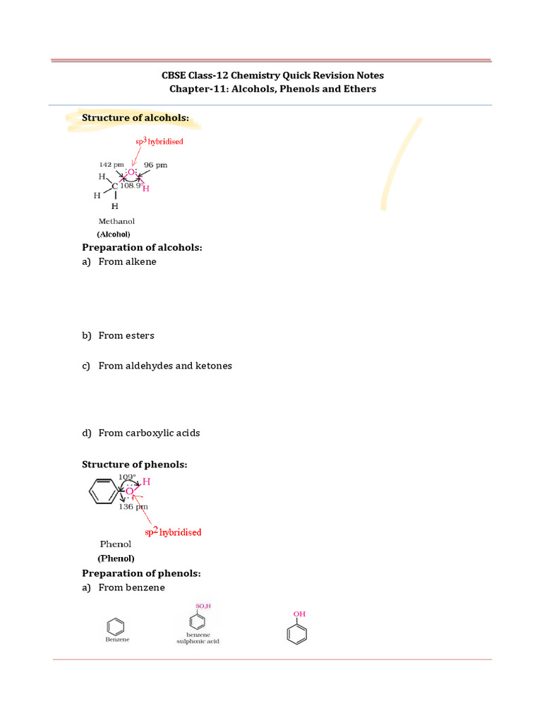 12 Chemistry Notes Ch11 Alcohols Phenols and Ethers | PDF | Aldehyde ...