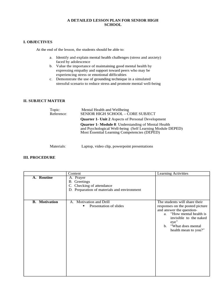 Personal Development Detailed Lesson Plan - Compress | PDF | Stress (Biology) | Mental Health