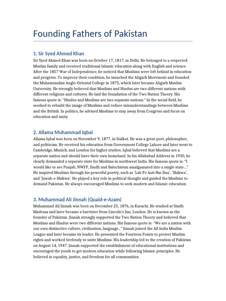 Founding_Fathers_of_Pakistan_Assignment | PDF | Muhammad Ali Jinnah ...