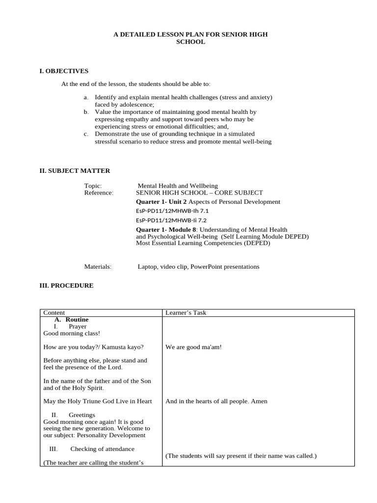 Mental Health Lesson Plan for Seniors | PDF | Mental Health | Feeling