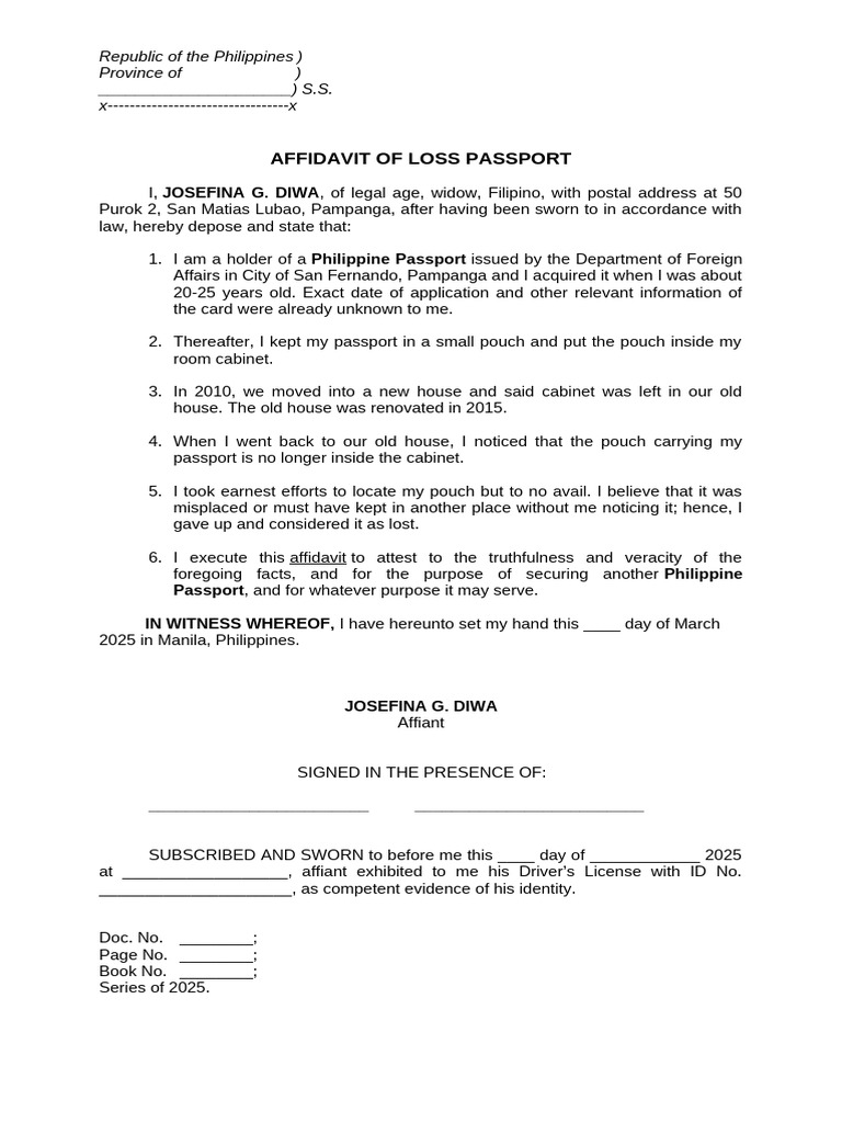 Affidavit of Loss of Passport | PDF