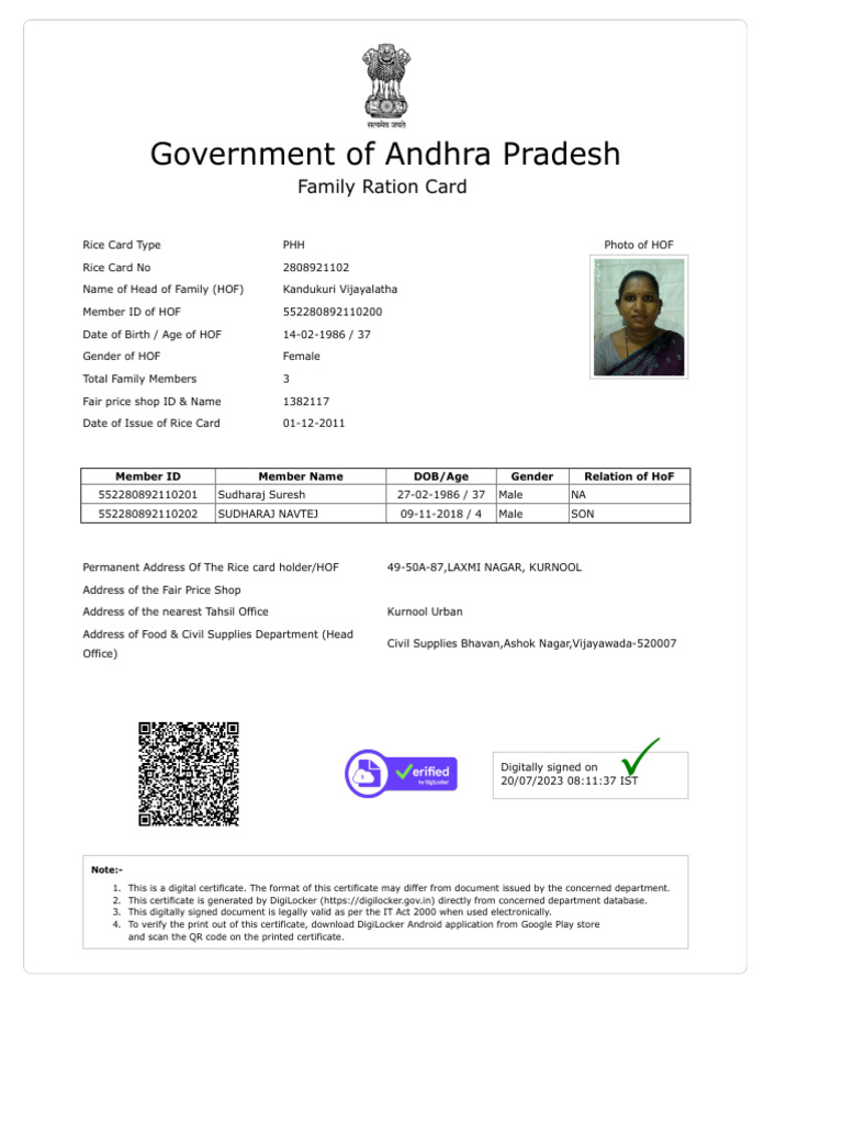 Kurnool Family Ration Card Details | PDF