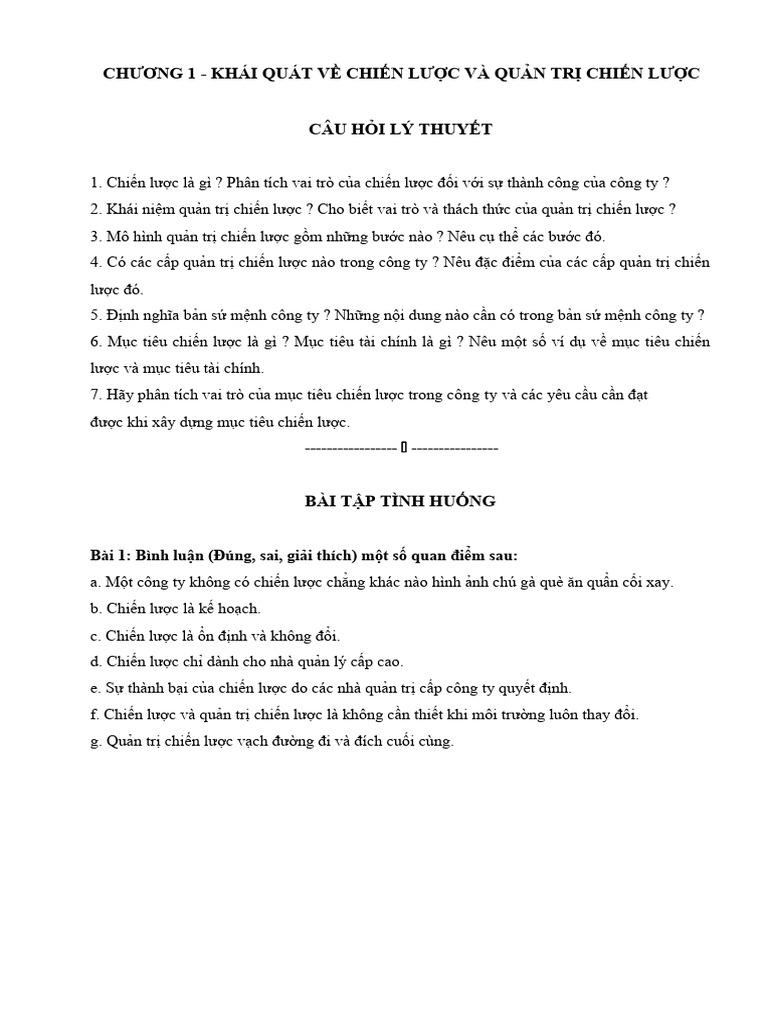 Cau Hoi Ly Thuyet Va Bai Tap Tinh Huong Quan Tri Chien Luoc | PDF