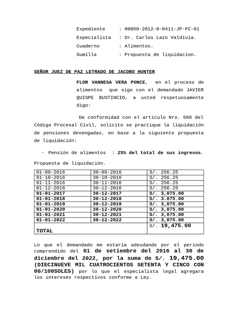 Prpuesta de Liquidacion Flor Vera Ponce | PDF