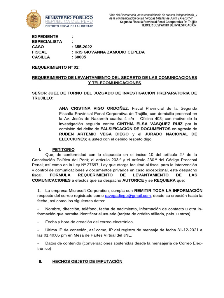 Caso #655-2022-Levantamiento Secreto de Comunicaciones-Microsoft | PDF | Fiscal | Ley Pública