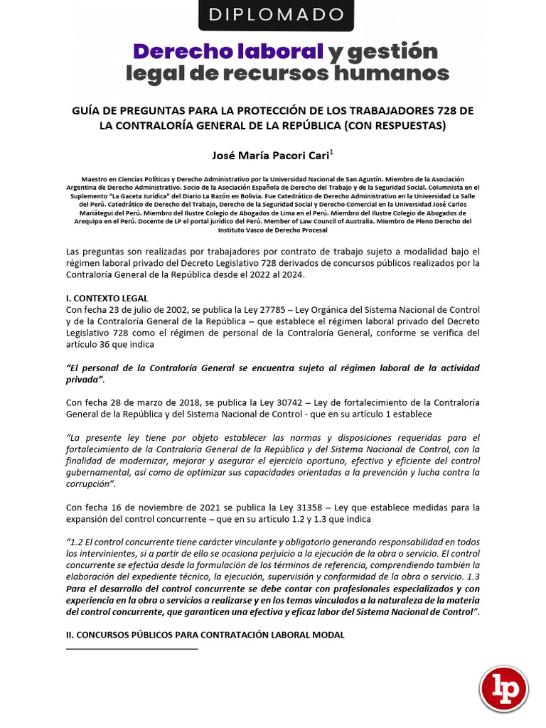 Desarrollo de Balotario de Preguntas Trabajadores 728 CGR Autor Jose Maria Pacori Cari | PDF ...