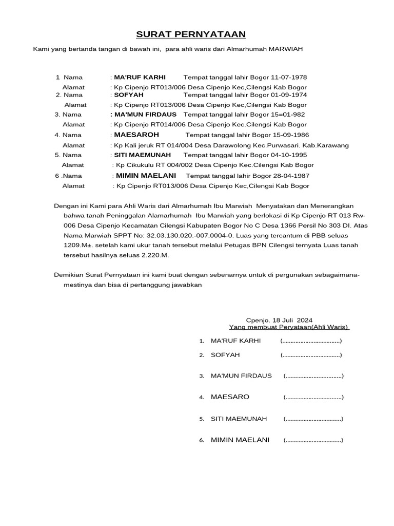 Surat Pernyataan Luas Maruf | PDF