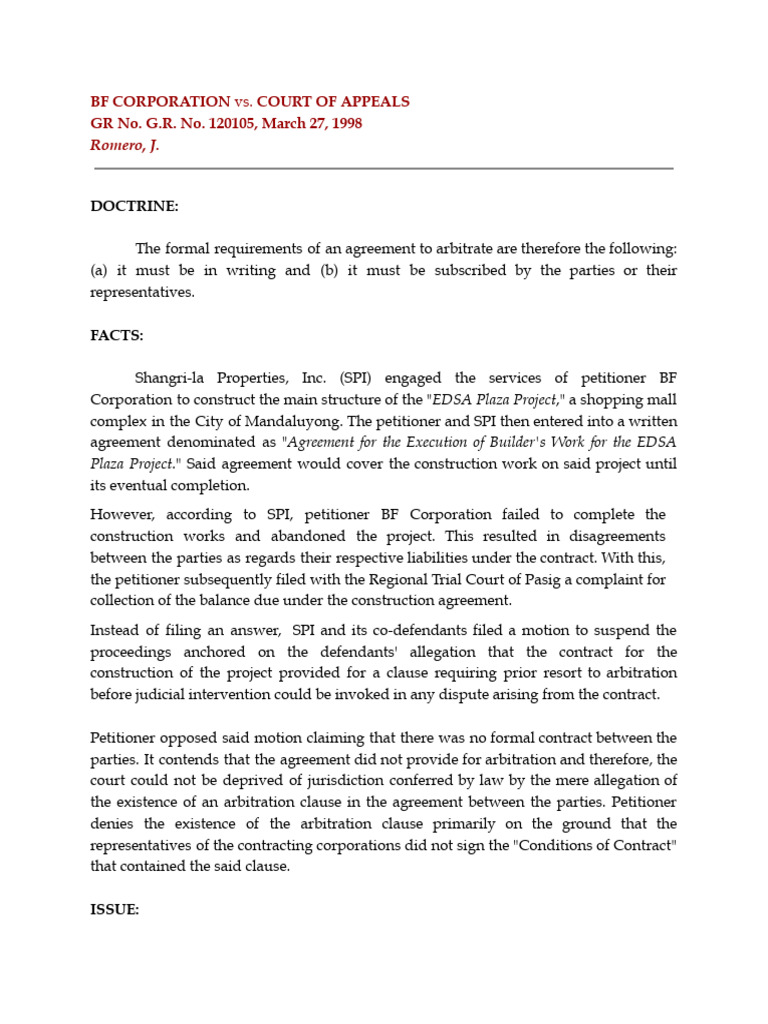 BF CORPORATION vs. COURT OF APPEALS | PDF | Arbitration | Private Law