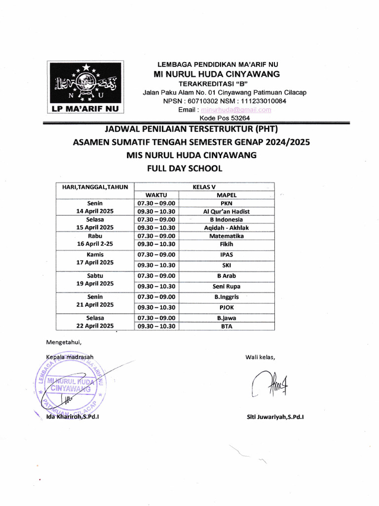 Jadwal Pht 2_2025_kelas V_mis Nurul Huda Cinyawag | PDF