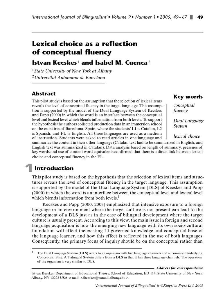 Lexical Choice As A Reflection of Conceptual Fluency (Kecskes, I ...