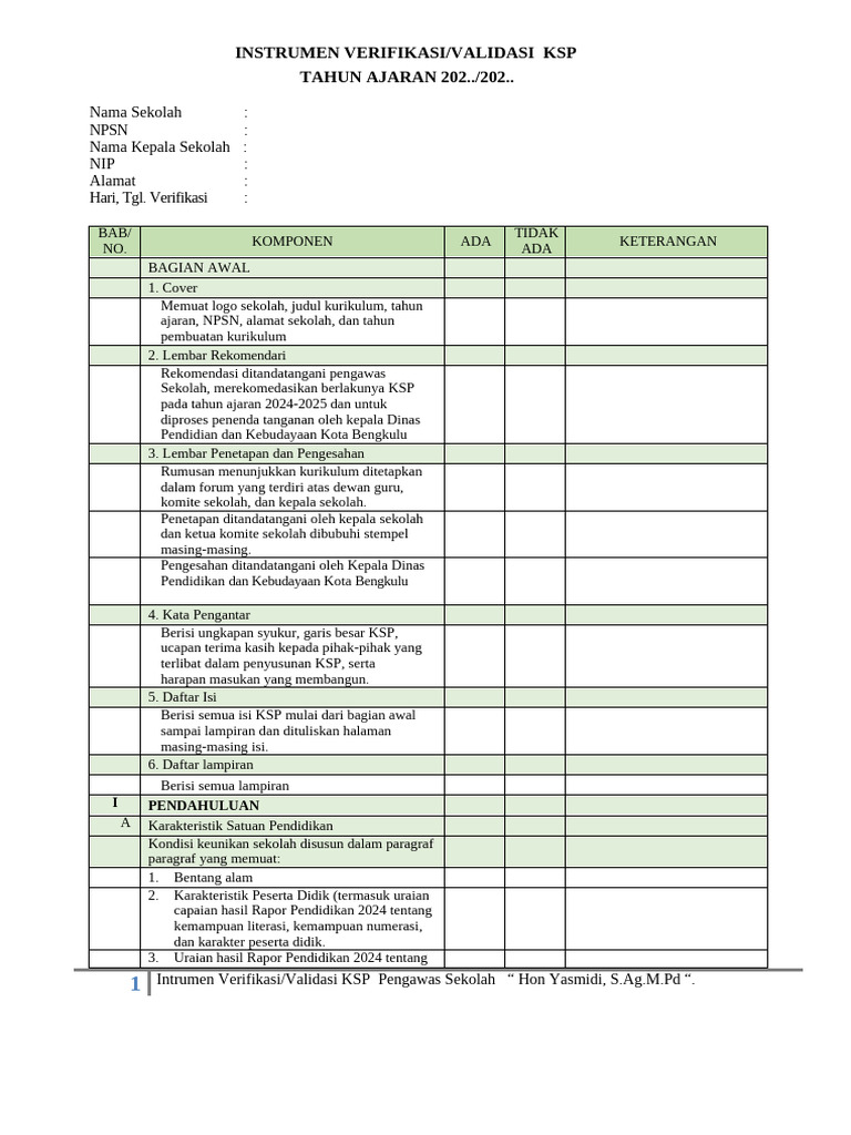Instrumen Verifikasi KSP 2024-2025 SMP ALYASIIR | PDF