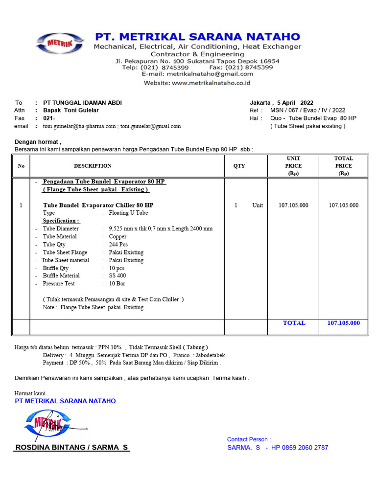 Quo-067-Tube Bundel Evap 80 HP- Tuibe Sheet pakai existing - 5 April ...
