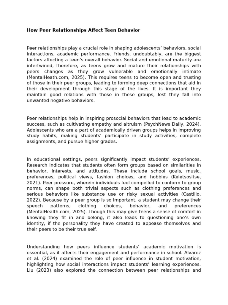How Peer Relationships Affect Teen Behavior | PDF | Adolescence ...