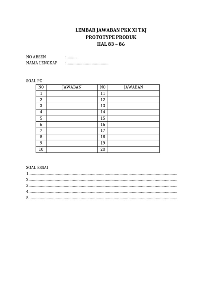 Lembar Jawaban Pkk Xi Tkj - Prototype Produk | PDF