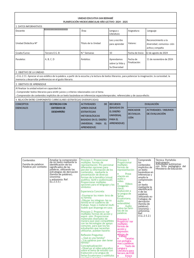 Planificación Microcurricular Año Lectivo 2024 - Dua - Segundo Trimestre | PDF | Evaluación ...