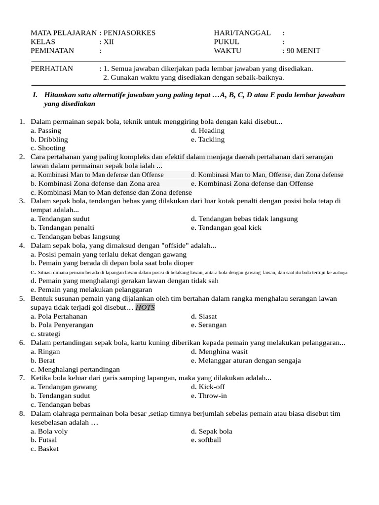 SOAL PJOK KELAS 12.rtf fix | PDF