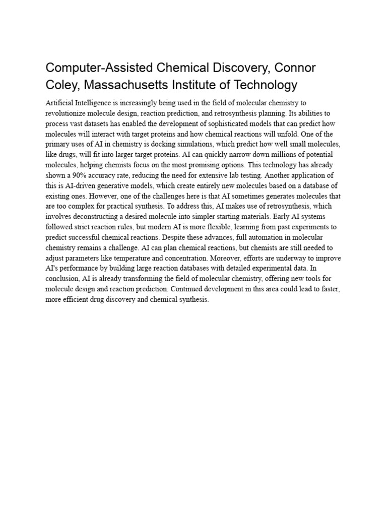 Computer-Assisted Chemical Discovery, Connor Coley, Massachusetts ...