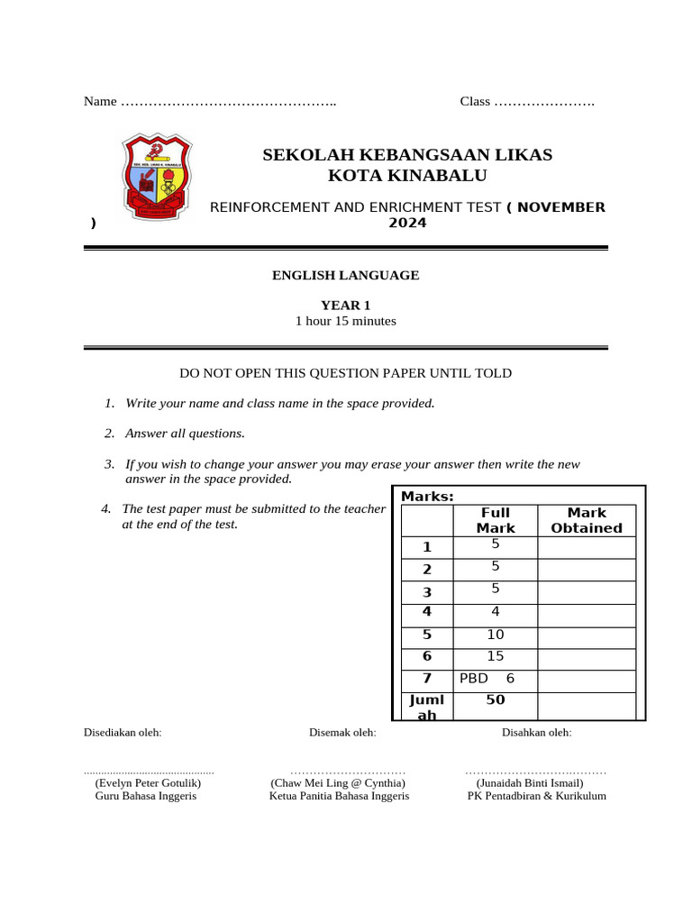Cover Yr 1 Reinforcement & Enrichment Test | PDF