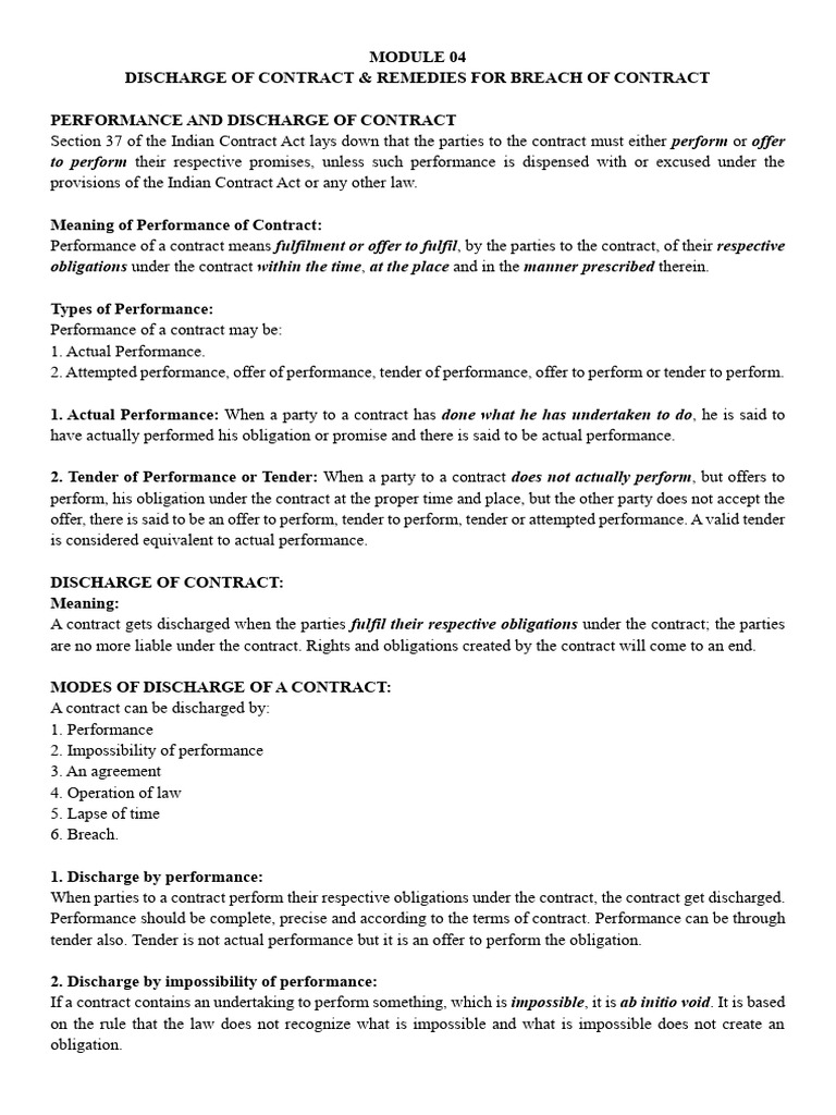 Contract Discharge and Remedies Overview | PDF | Damages | Breach Of ...
