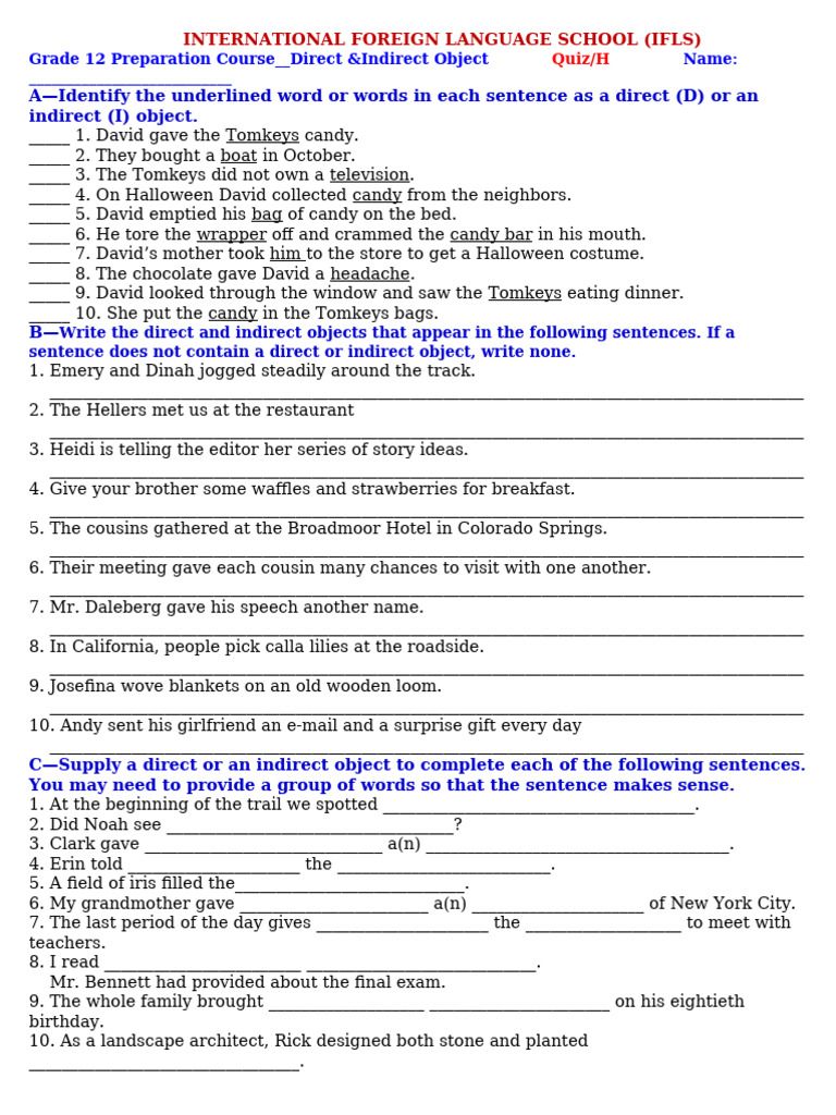Grade 12 Direct and Indirect Objects Quiz | PDF