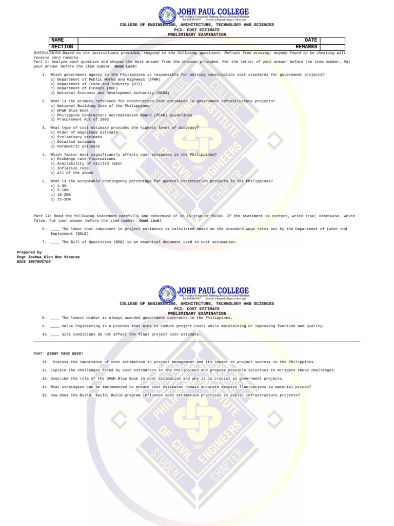 Preliminary Examination PC3 | PDF | Economies | Business