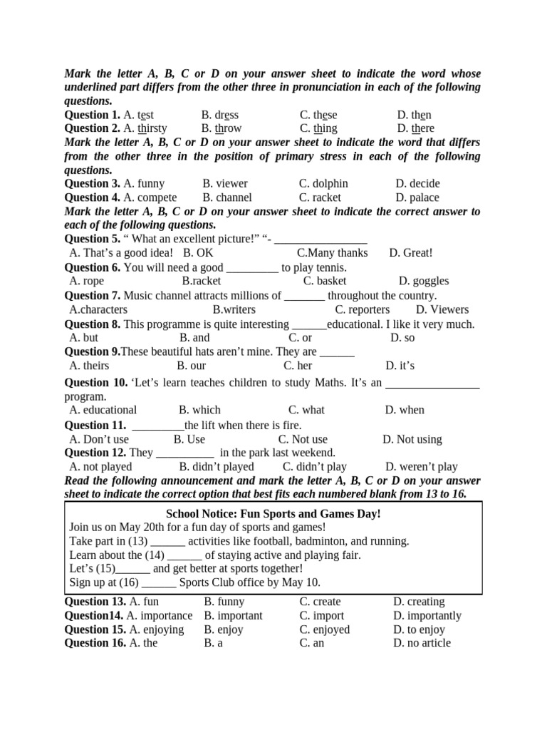 Pronunciation and Grammar Quiz Questions | PDF