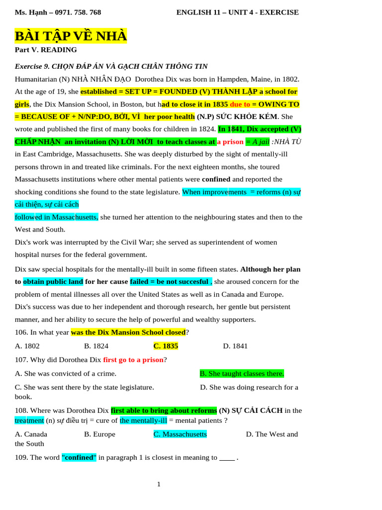 E11 UNIT 4 EXERCISE GHI CHÚ VÀ DẶN DÒ 4.12 11A2 | PDF