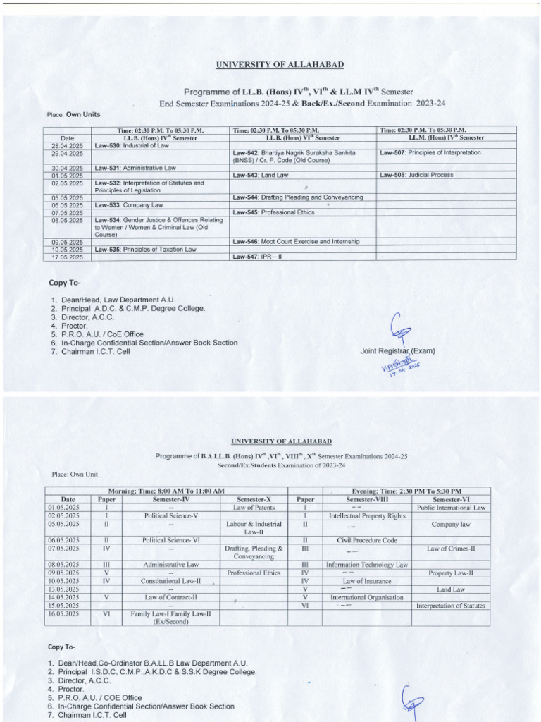 Exam Schedule of LLB, LLM, BALLB, Even Semester Except II Semester ...