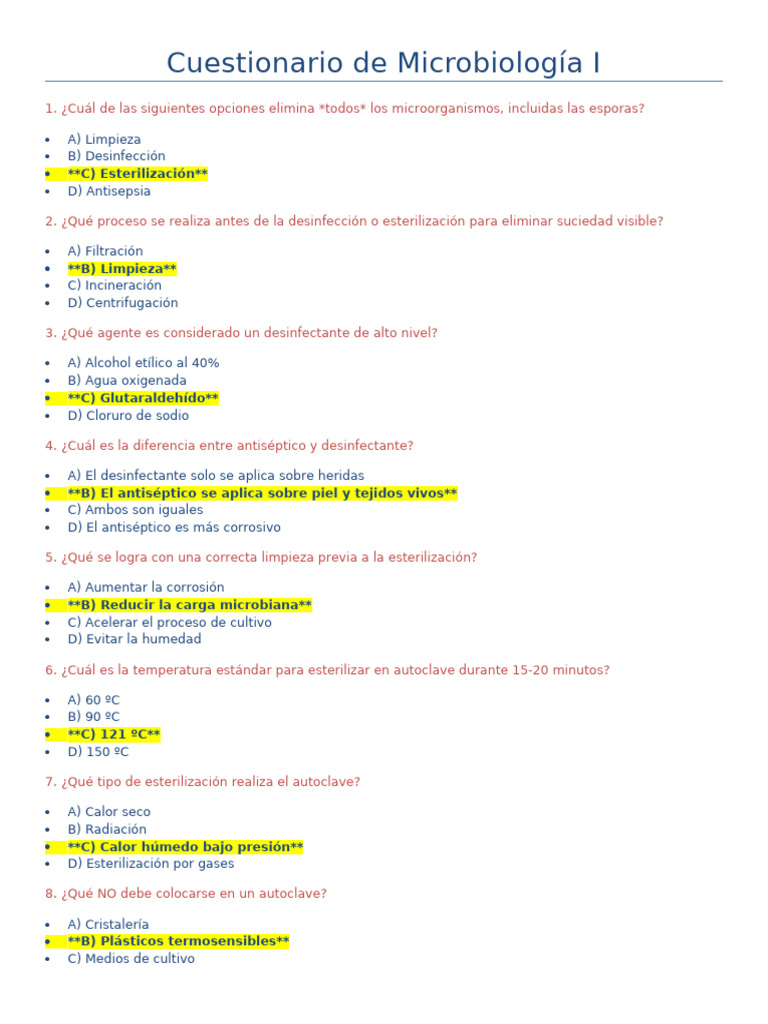 Cuestionario Micro 1 | PDF | Las bacterias | Esterilización (Microbiología)