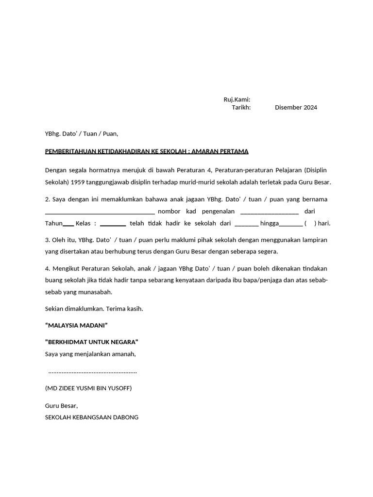 Surat Amaran Ponteng Sekolah | PDF