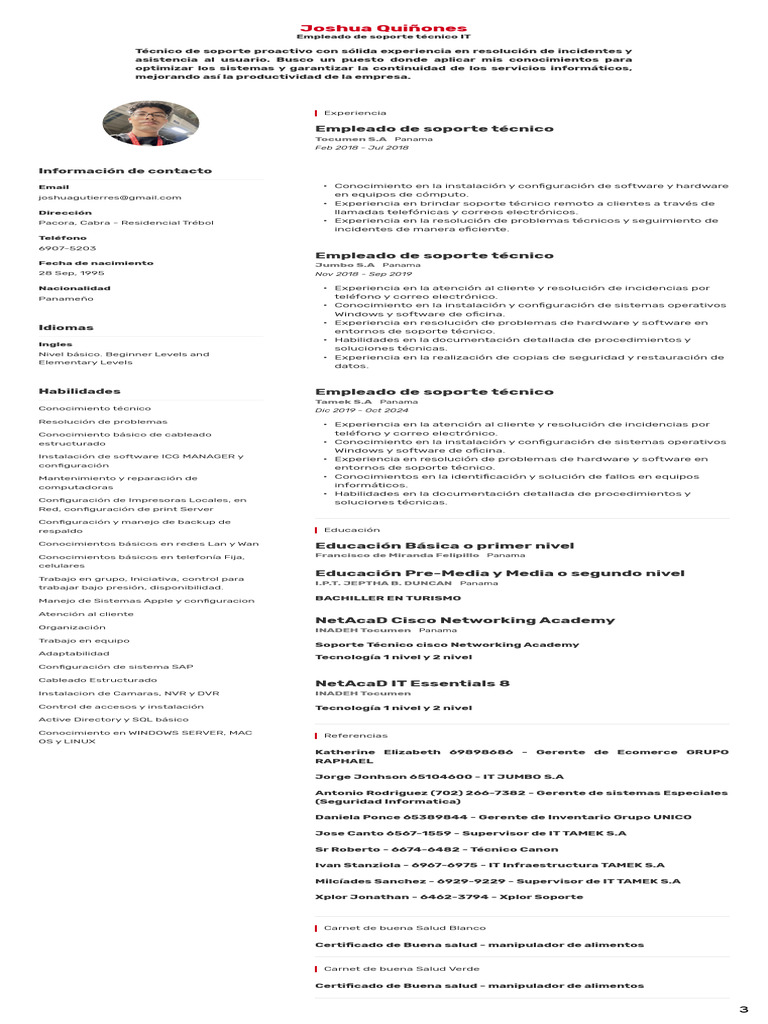 Joshua-CV Organized Pagenumber | PDF | Soporte técnico | Informática