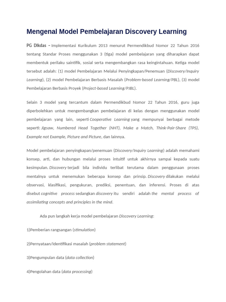 Mengenal Model Pembelajaran Discovery Learning | PDF
