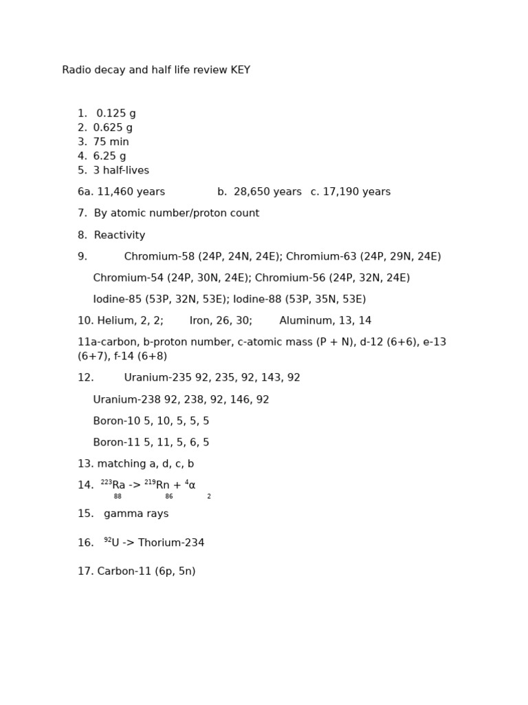 Radio Decay and Half Life Review KEY | PDF