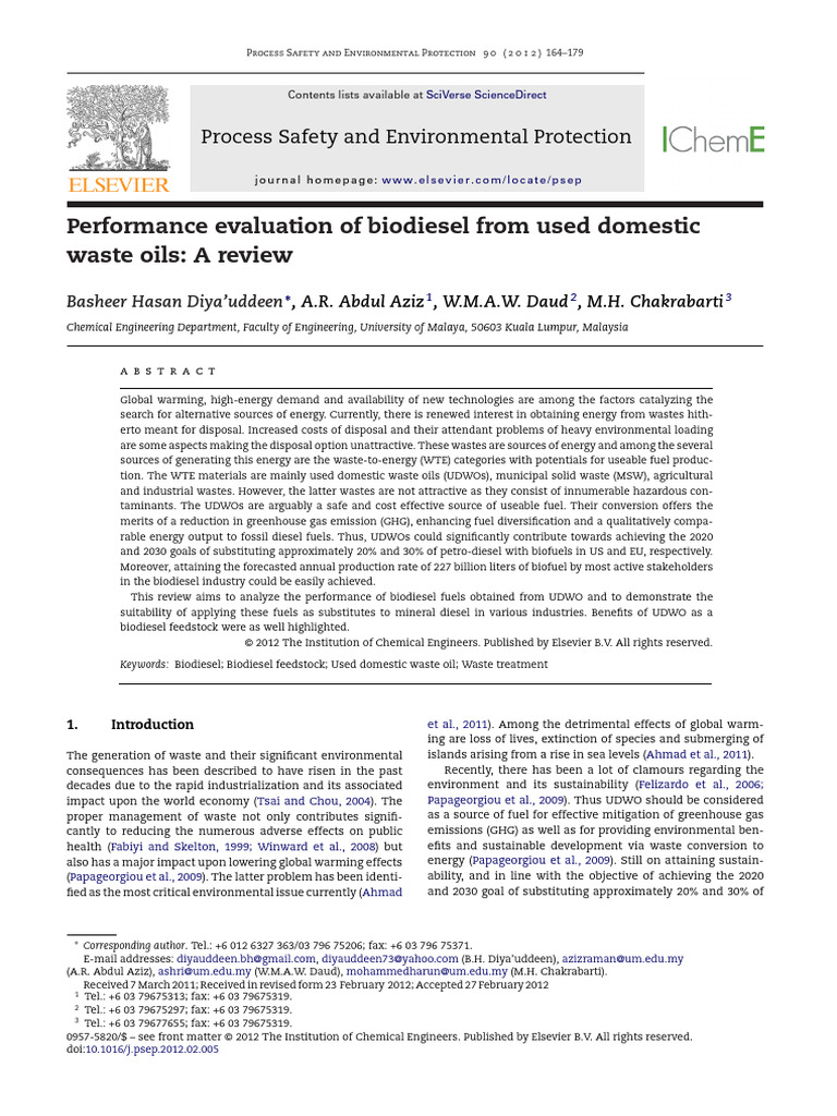 Performance Evaluation of Biodiesel From Used Domestic | PDF ...
