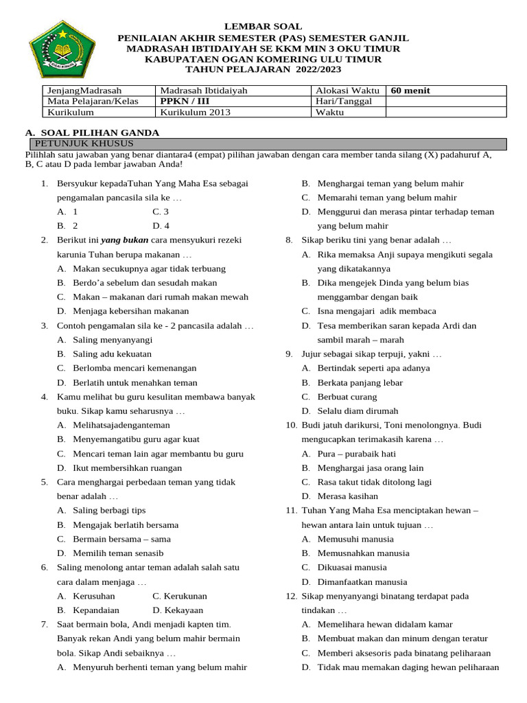 3. SOAL PAS PKN KELAS 3 | PDF