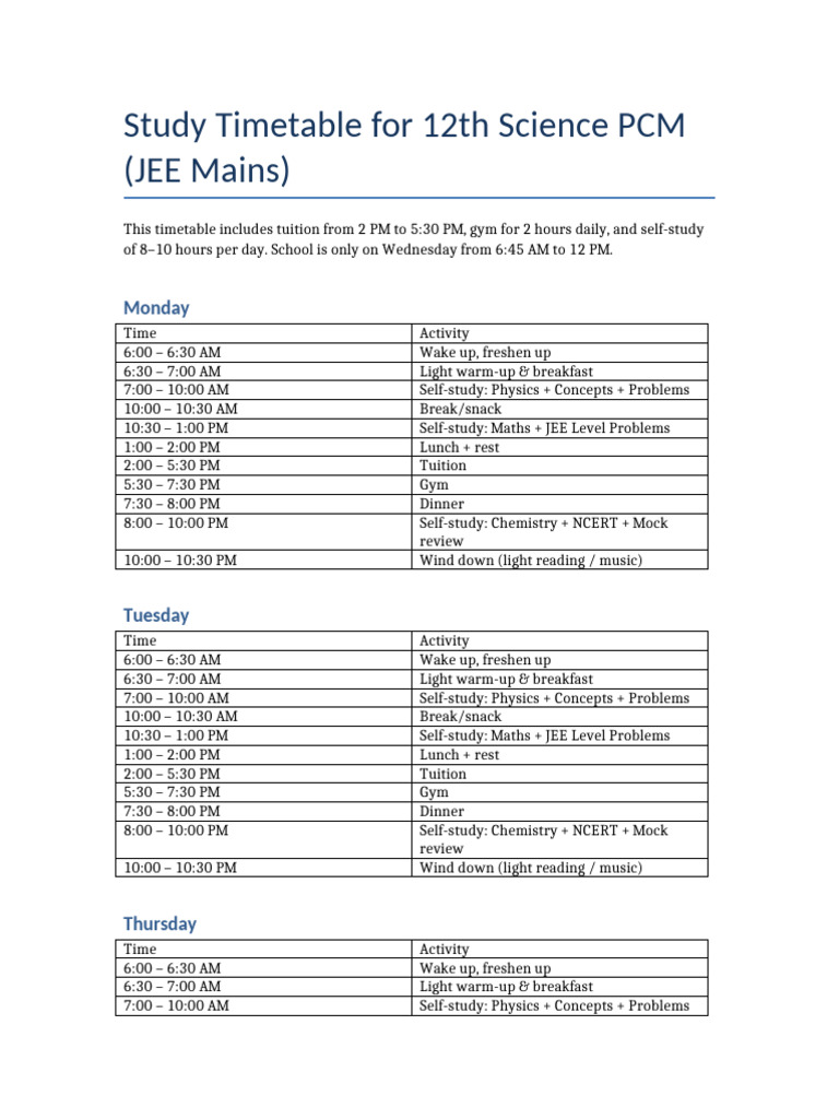 Study Timetable 12th PCM JEE | PDF | Lunch