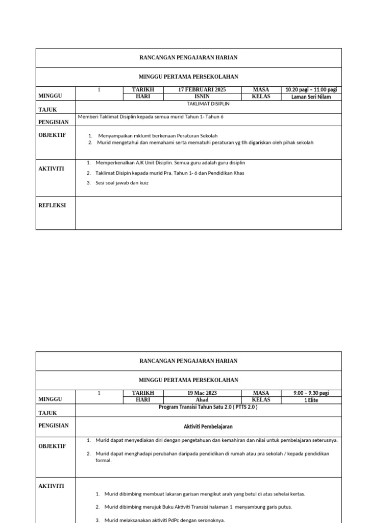Contoh RPH Minggu 1 2025 | PDF