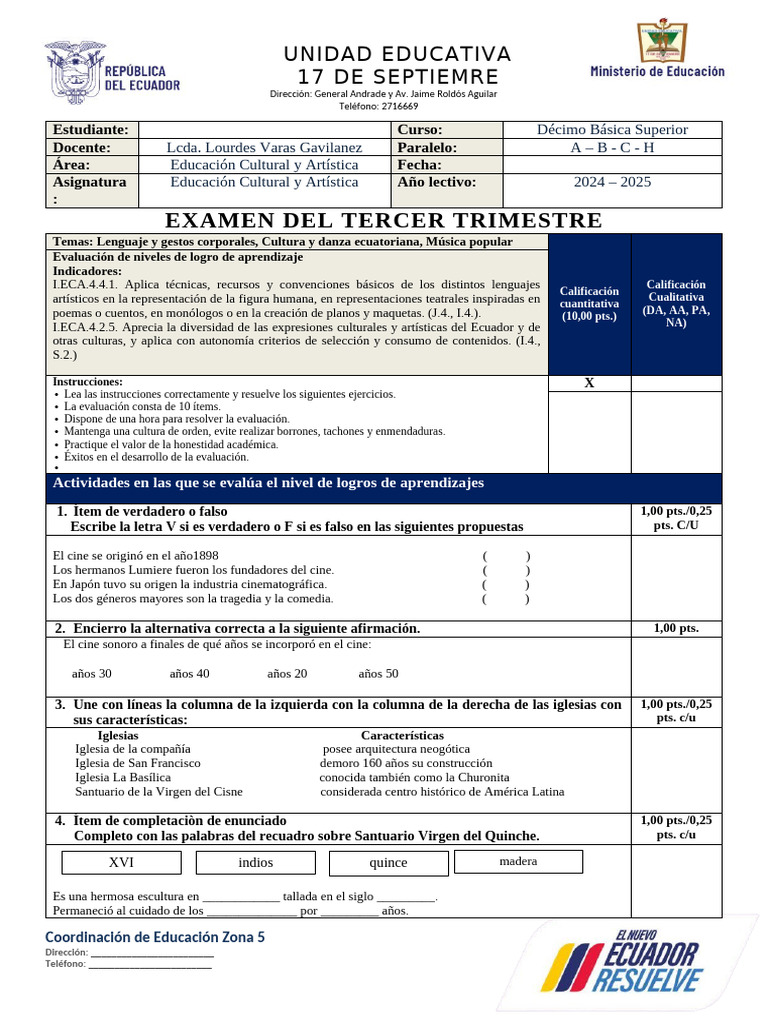 examen tercer trimestre decimo (2) | PDF