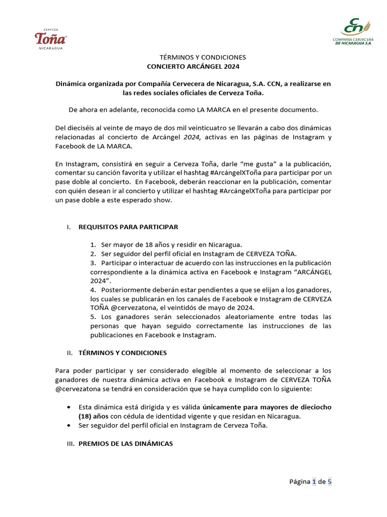 Tona Dinamica Terminos y Condiciones Arcangel 2024 | PDF | Facebook
